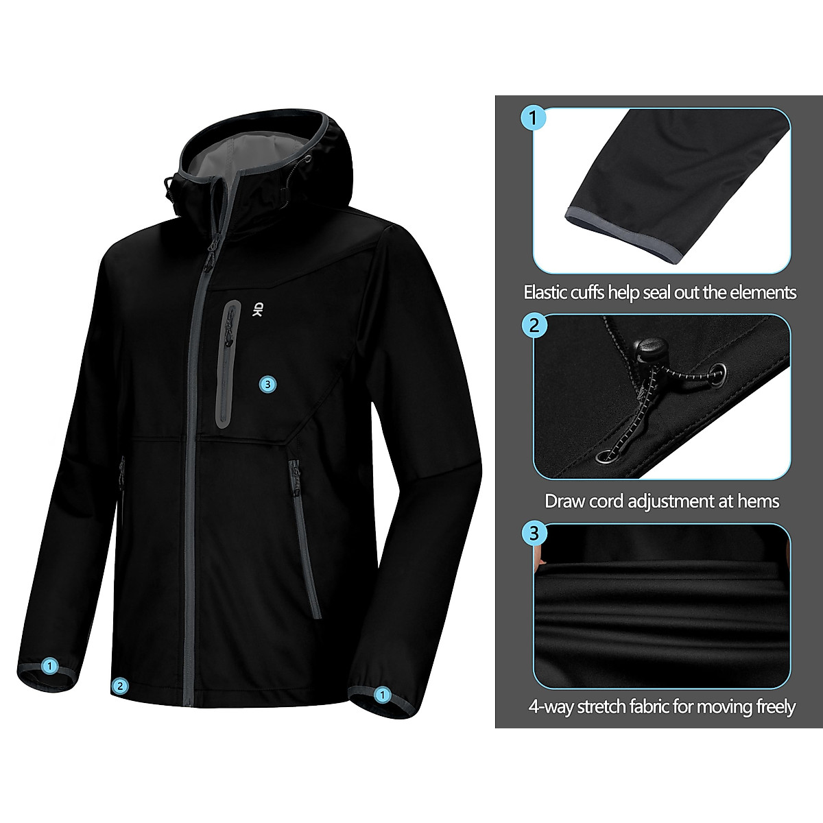 Little Donkey Andy Men's Lightweight Hooded Softshell Jacket for Running Travel Hiking, Windproof, Water Repellent Black Size L