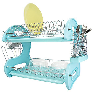 Home Basics 2 Tier Dish Drainer (Turquoise) Dish Rack for Kitchen Counter, with Cutlery Holder and Cup Slots