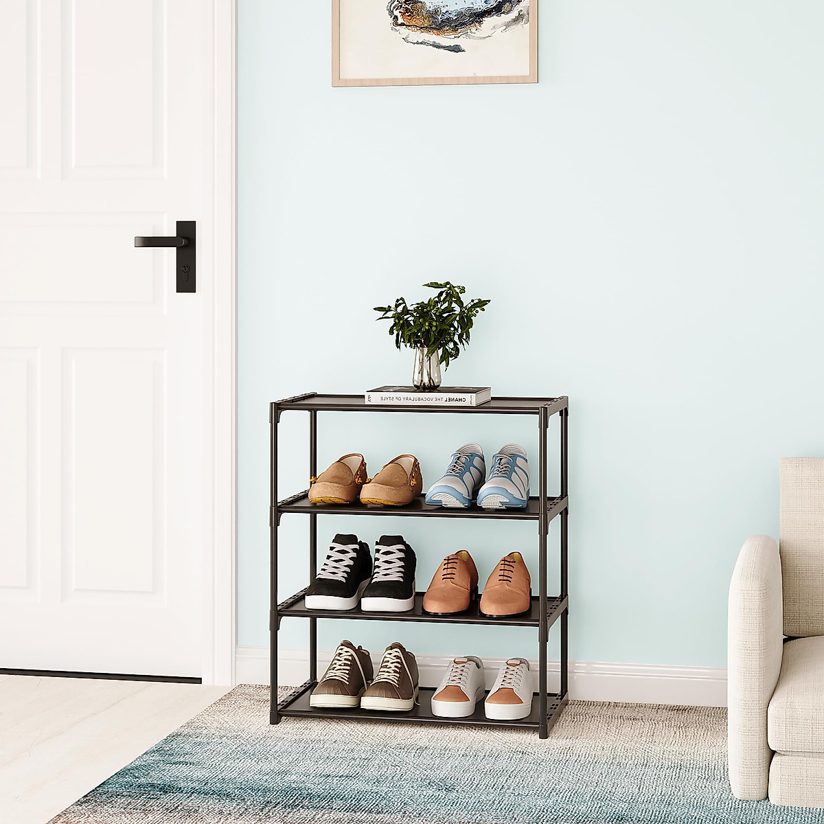 TAUEHR 4-Tier Small Shoe Rack,Stackable Kids Shoe Organizer Storage,Narrow Shoe Shelf for Closet,Entryway and Hallway -17.4" W x 11.4" D x 22.5" H (Black)