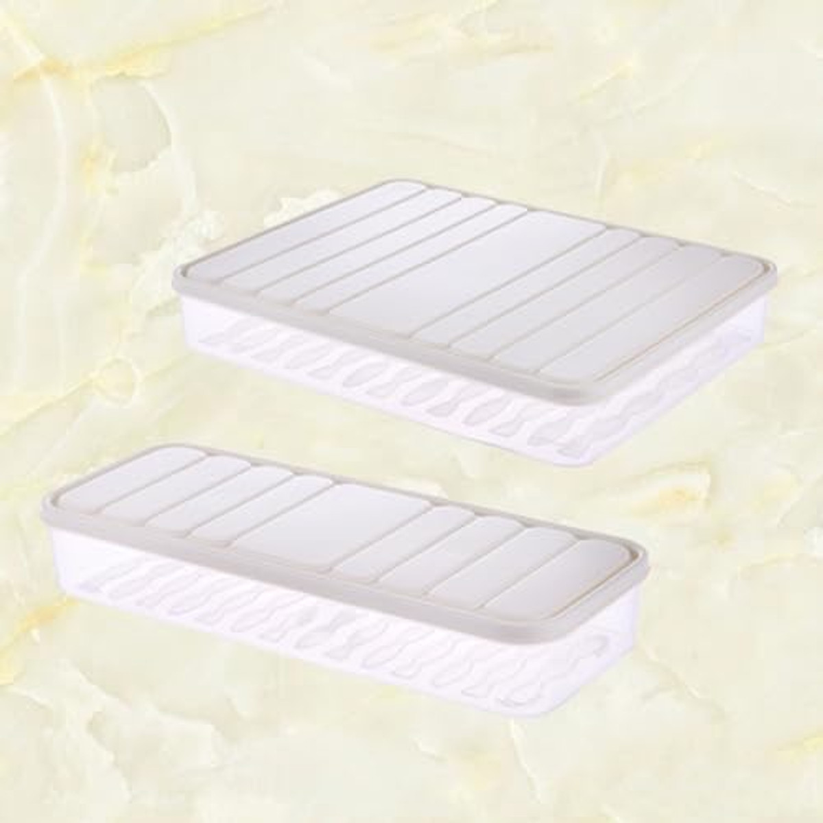 Cabilock 2pcs Food Storage Containers, Plastic Refrigerator Crispers with Lid, Stackable Vegetable Organizer for Kitchen, Freezer Organizer Bins, White (Large+Small)