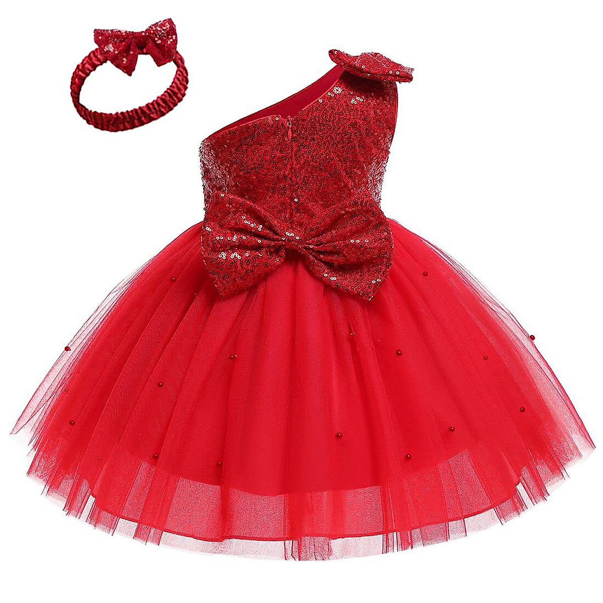 RUYUYIRU Baby Girls Sequin One Shoulder Dress Toddler Tutu Flower Princess Girl Pearl Wedding Birthday Party Dresses for Toddler Baby Girls Holiday Dress Gown