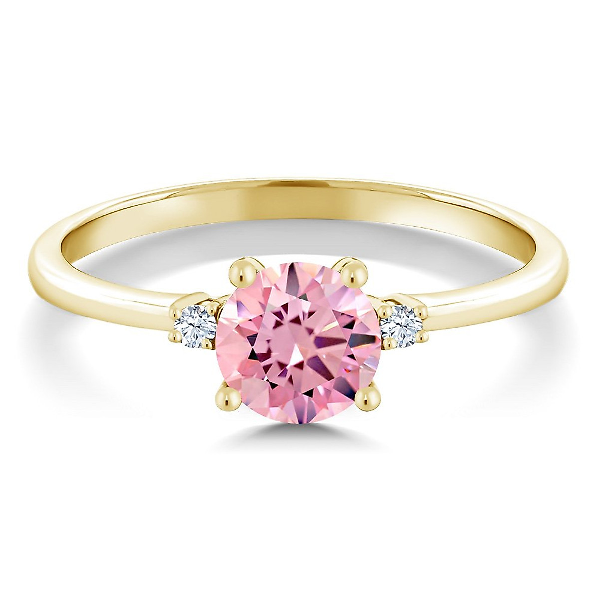 Gem Stone King 10K Yellow Gold Pink Zirconia and White Created Sapphire Solitaire Engagement Ring For Women (1.53 Cttw, Round 6MM, Gemstone Birthstone, Size 8)