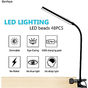 Vansuny Clip on Light LED Desk Lamp with Eye-Caring LED Light and Metal Clip, 11 Level Brightness 3 Color Modes, Power by USB Port 5W Flexible Gooseneck Reading Light for Home and Office (5W, Black)