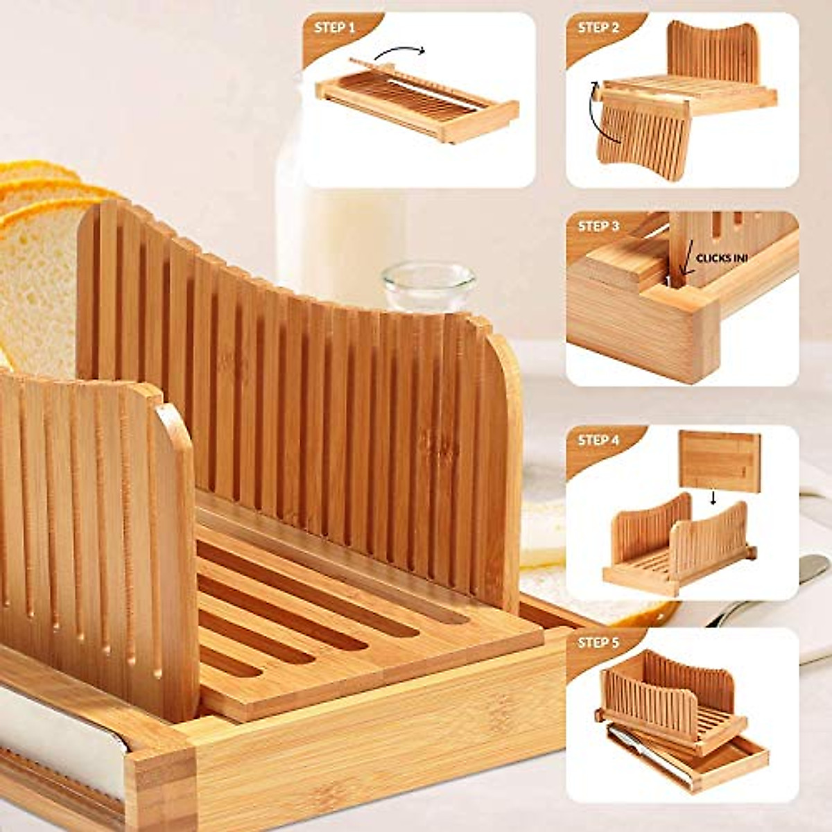 RAXXIO Bamboo Bread Slicer with Knife, Adjustable, Foldable and Compact with Crumb Tray, Bread Cutter for Homemade Bread, Loaf Cakes, Bagels Slicer, 3 Different Size Slices