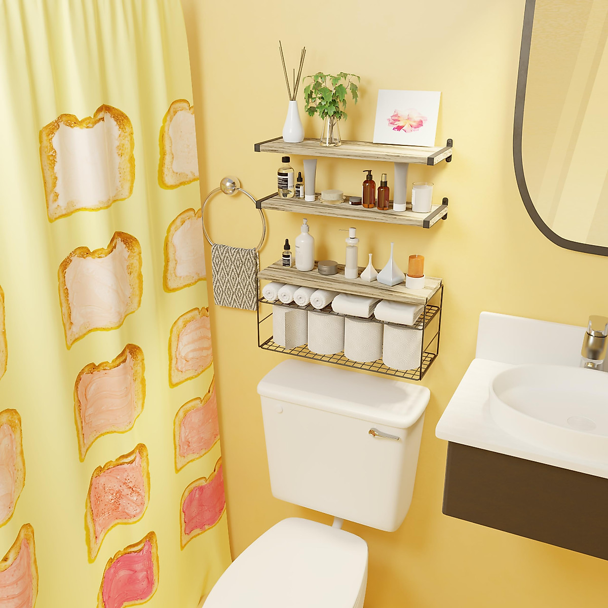 ILAYIJIA Bathroom Wall Floating Shelf: Bathroom Wall Mounted Floating Shelves, Floating Bathroom Wall Shelf, Bathroom Floating Shelves Wall Mounted, Bathroom Floating Shelf Over Toilet (Grey)