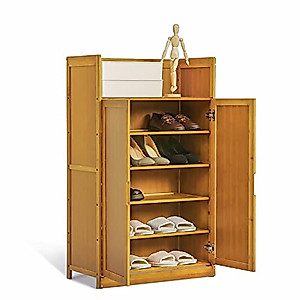 MoNiBloom 5 Tier Bamboo Shoe Cabinet, Free Standing Shoe Shelf Organizer Storage with Doors & High Baffle for 11-15 Pairs Home Entryway Hallway Office Bedroom, Brown