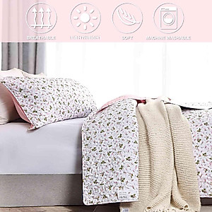 Nanko Quilt Set Queen Full Size 3 Pcs, White and Pink Floral Green Flower Pattern Bedspreads, Soft Lightweight Coverlet Bed Spreads, Farmhouse Thin Quilted Comforter Bedding Sets for Women Girls 90x90