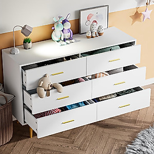 JOZZBY Dresser for Bedroom with 6 Drawers, Wooden White Dresser with Golden Handles, Modern Chests of Drawer Storage Organizer for Hallway, Entryway