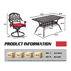 TITIMO Cast Aluminum 7-Piece Patio Dining Set with Cast-Top Table and Flower Swivel Rockers Chairs with Cushions, Outdoor Furniture Set for Backyard Porch Pool (Red)