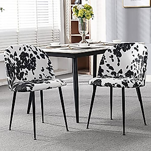 Guyou Fabric Upholstered Dining Chairs Set of 2, Modern Guest Chairs Side Chairs Round Back, Modern Accent Chairs with Metal Legs for Living Room Bedroom Reception Room (Black Cow)