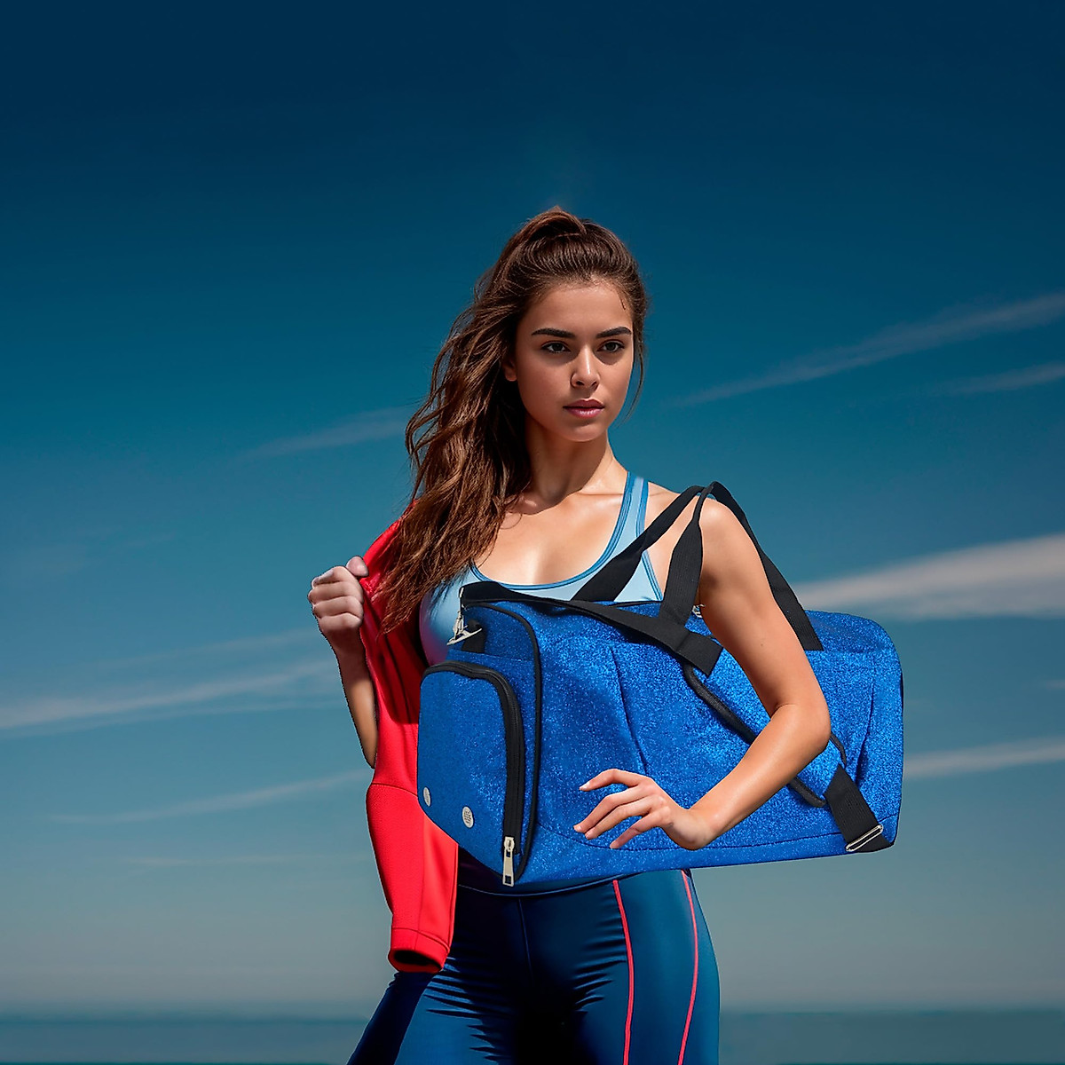 NGIL Glitter Cheers Sports Gym Duffel with Shoe Compartment and Small Carry On Travel Tote for Women, Cheer Bag (Royal)