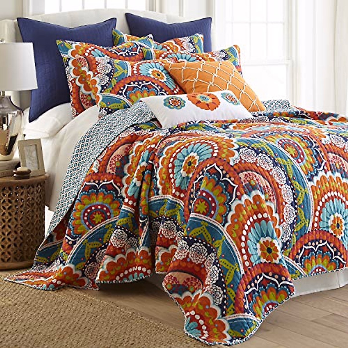 Levtex Home - Serendipity Quilt Set - King Quilt + Two King Pillow Shams - Boho Floral in Orange Teal Red Blue - Quilt Size (106x92in.) and Pillow Sham Size (36x20in.) - Reversible - Cotton