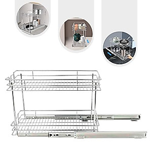 Pull Out Cabinet Organizer, 2-Tier Cabinet Pull Out Shelves Kitchen Cabinet Organizer Storage Kitchen Cabinet Pull Out Shelf and Drawer Organizer Slide Out Drawer Pantry Shelf (Silver, 10.5x21.5in)