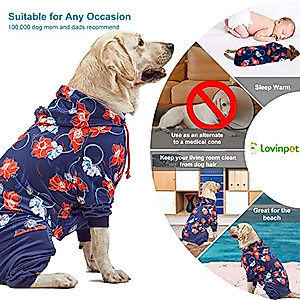 LovinPet Big Dogs Breeds Jammies, Wound Care/Post Surgery clothes, Pet Anxiety Relief for Dogs, Lightweight stretchy, Large Breed Dog Pajamas, Reflective Stripe, Floral Navy & Red Print, Pet Pj's /2XL