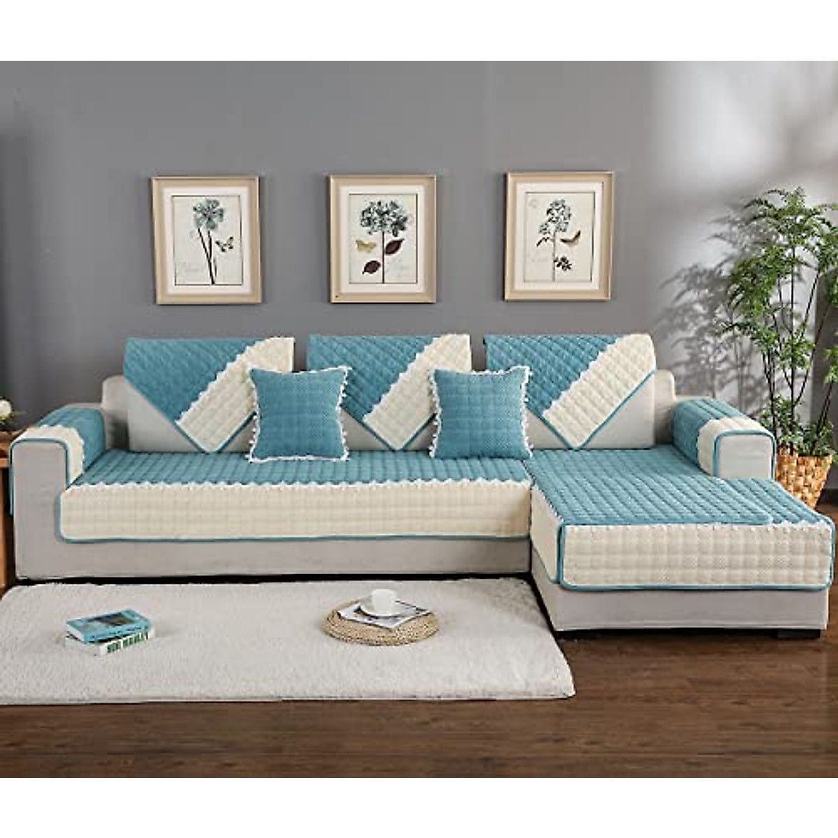 vctops Soft Corduroy Sofa Couch Cover, Plaid Sectional Couch Covers, Non-Slip Sofa Slipcover for Dogs Cats Kids(Blue,36"x36")