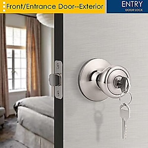 home improvement direct Keyed Alike Entry Door Knob, Reversible Tulip Style Knobs with Lock and Same Key, Satin Nickel Interior/Exterior Lockset for Bedroom, Bathroom, Front Door 2 Pack