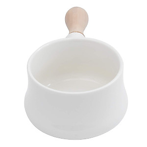 Cabilock Enamel Milk Pot Noodle Bowl Non-Stick Mini Saucepan Butter Warmer with Wooden Handle Small Cookware for Home kitchen Supplies Dessert Cereal Salad Fruit (White About 380ML)