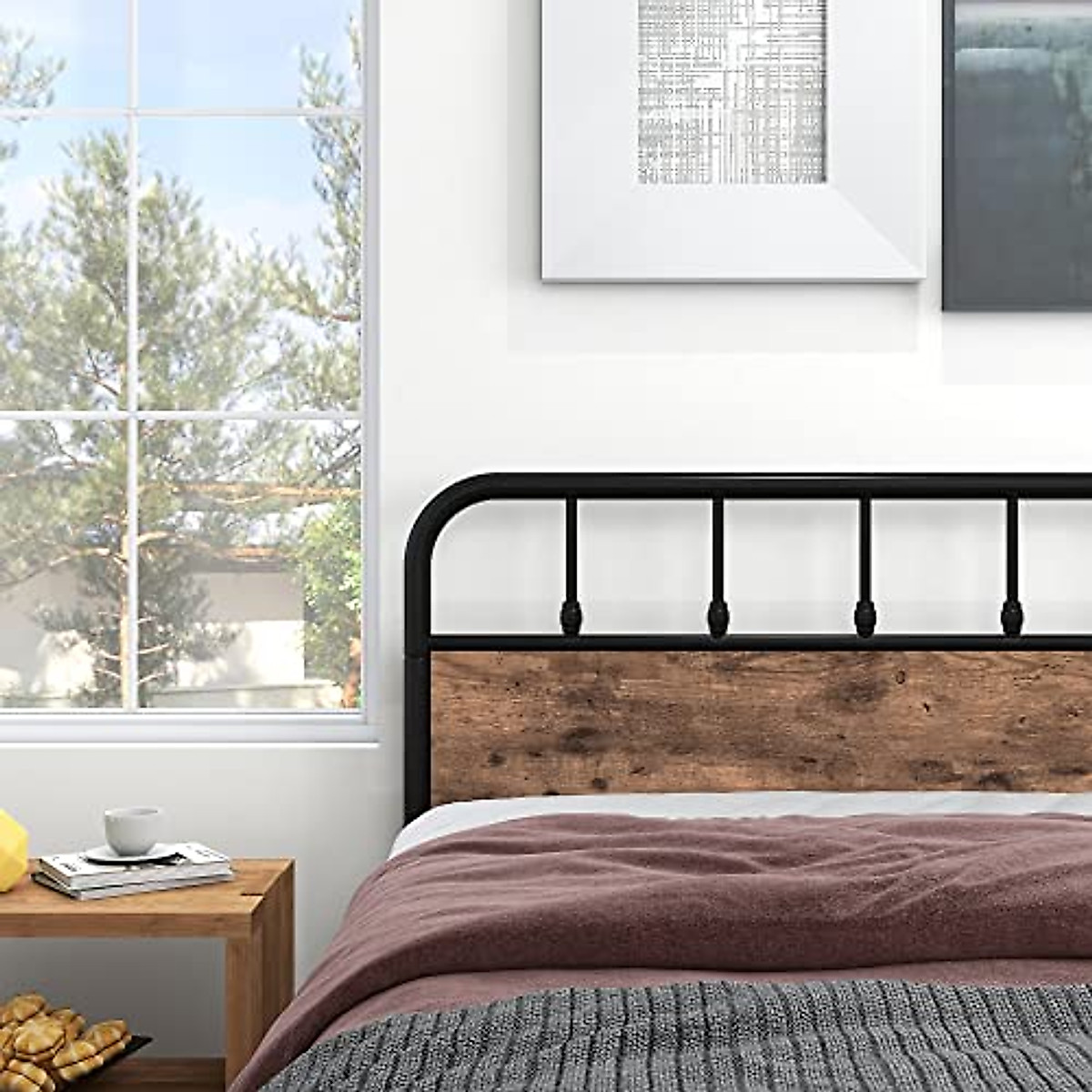 JURMERRY Metal Platform Bed Frame with Wooden Headboard and Footboard Heavy Duty Steel Support, Mattress Foundation, No Box Spring Needed, Easy Assembly, Queen Black