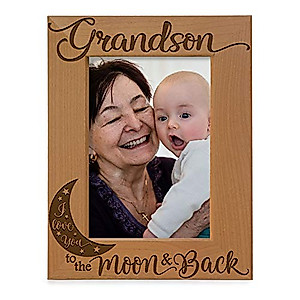 KATE POSH Grandson I Love You to The Moon and Back Engraved Wood Picture Frame, Grandma Grandpa Gifts, Christmas, Birthday, Mother's Day, Father's Day (4x6 Vertical)
