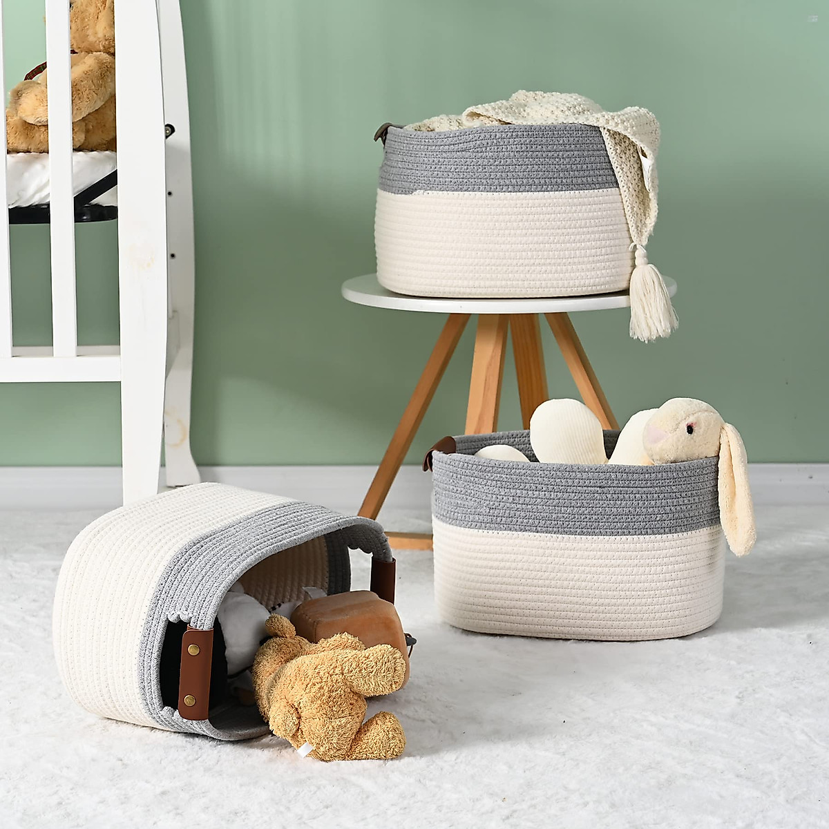 ECDYQXVU 1 Pack Cotton Rope Storage Baskets,15x10x9 in,Collapsible Storage Bins, Decorative Woven Basket Cube Storage Organizer for Nursery, Laundry, Towel, Clothes,Cosmetics, Books(White/Grey)