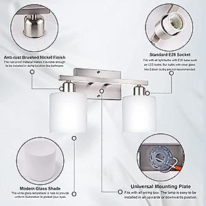 Bathroom Vanity Light Fixture Over Mirror with Brushed Nickel,Dekang Modern 2-Light Wall Sconces Lighting for Bedroom,Living Room,Hallway,Decor White Glass Shades,E26 Standard Base,Bulbs Not Included