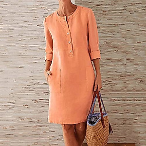 Women's Cotton Linen Dress Summer Midi Dresses with Pockets Business Dress 3/4 Sleeve Button Up Shirt Dress