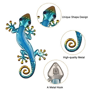 Songjum Metal Gecko Outdoor Decor, 15 Inch Metal Gecko Wall Decoration, Large Hanging Lizard Wall Decor Art Sculpture for Home Bedroom Yard Fence Kitchen (blue)