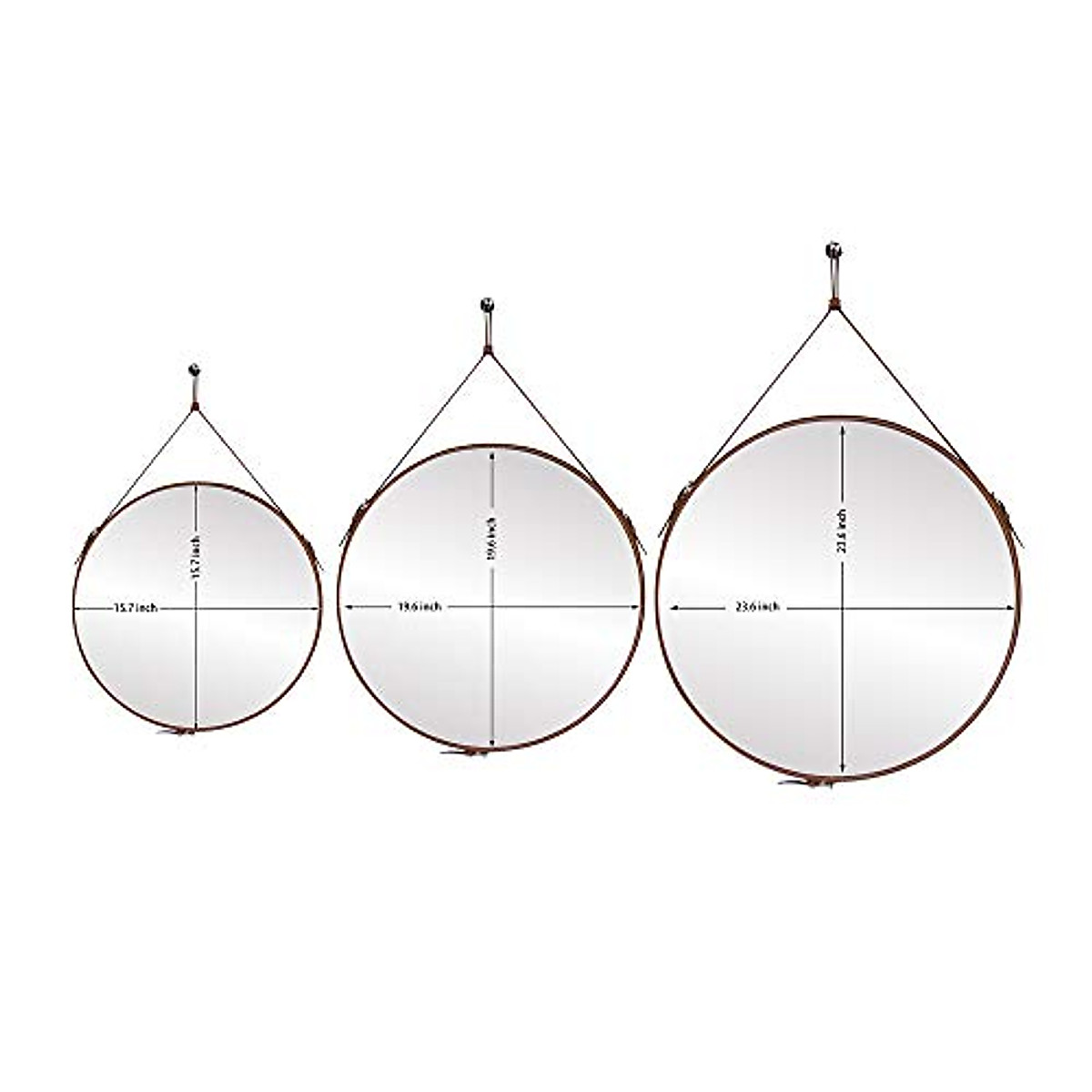 Gurfuy Round Hanging Mirror with PU Leather Strap Hanger Leather Framed Mirror for Home Decor Wall Mounted Large Circle Hanging Mirror for Entryway Bathroom Living Room Bedroom Washroom (Brown-20inch)