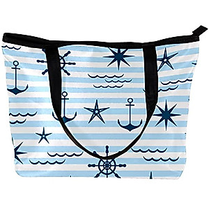 Women's Large Size Canvas Shoulder Bag Hobo Crossbody Handbag Casual Tote, Navy Blue Anchor Marine Striped Cartoon