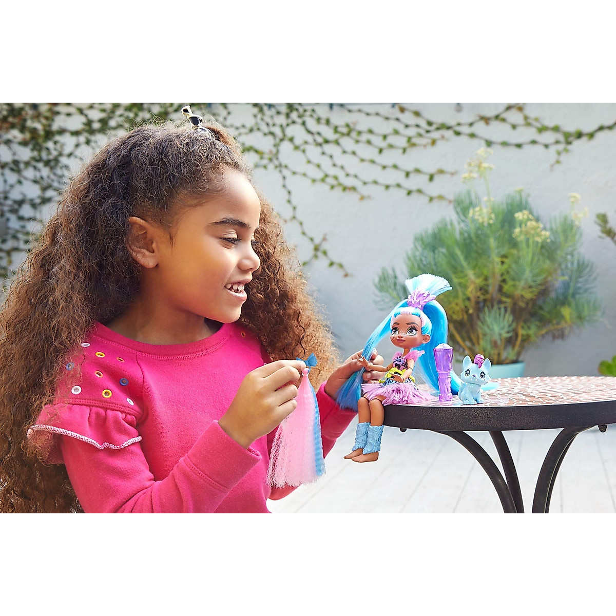 Mattel Cave Club Tella Doll (8-10-inch, Blue Hair) Poseable Prehistoric Fashion Doll with Dinosaur Pet and Accessories, Gift for 4 Year Olds and Up