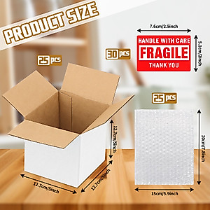 25Pack 5x5x5 Shipping Boxes for Small Business,White Mailing Boxes with Bubble Bags & Fragile Stickers for Mailing and Packing Small Gifts,Candle 5x5 Shipping boxes,Mug boxes for Shipping