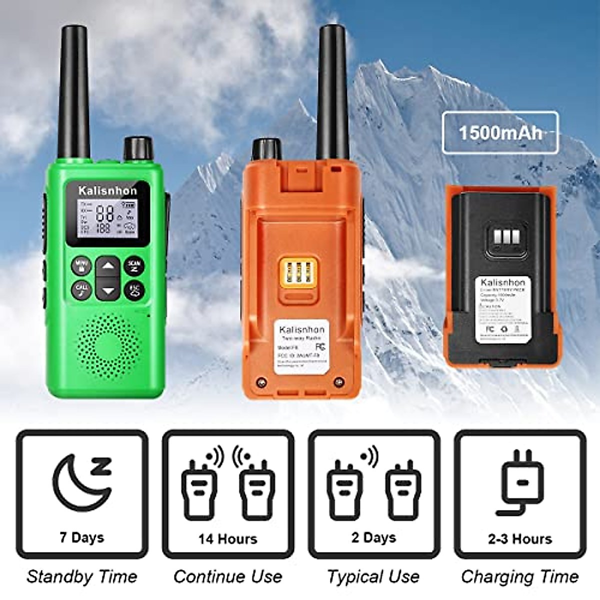 Kalisnhon Walkie Talkies Long Range with Call Alert NOAA Dual Watch Flashlight LCD Display VOX 22 Channels, Walkie Talkies for Adults with Charging Dock and Earpieces Li-ion Battery（2 Pack）