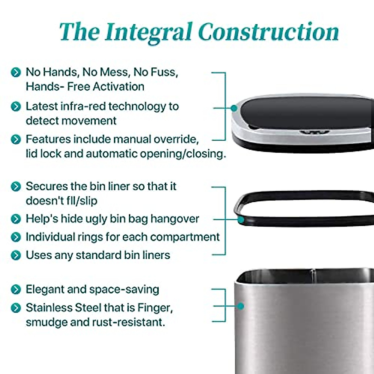 Automatic 13 Gallon Kitchen Stainless Steel Touch Free Trash Can with Lid High-Capacity Waste Bin with Ring Garbage Can for Home Kitchen Bathroom Bedroom Office