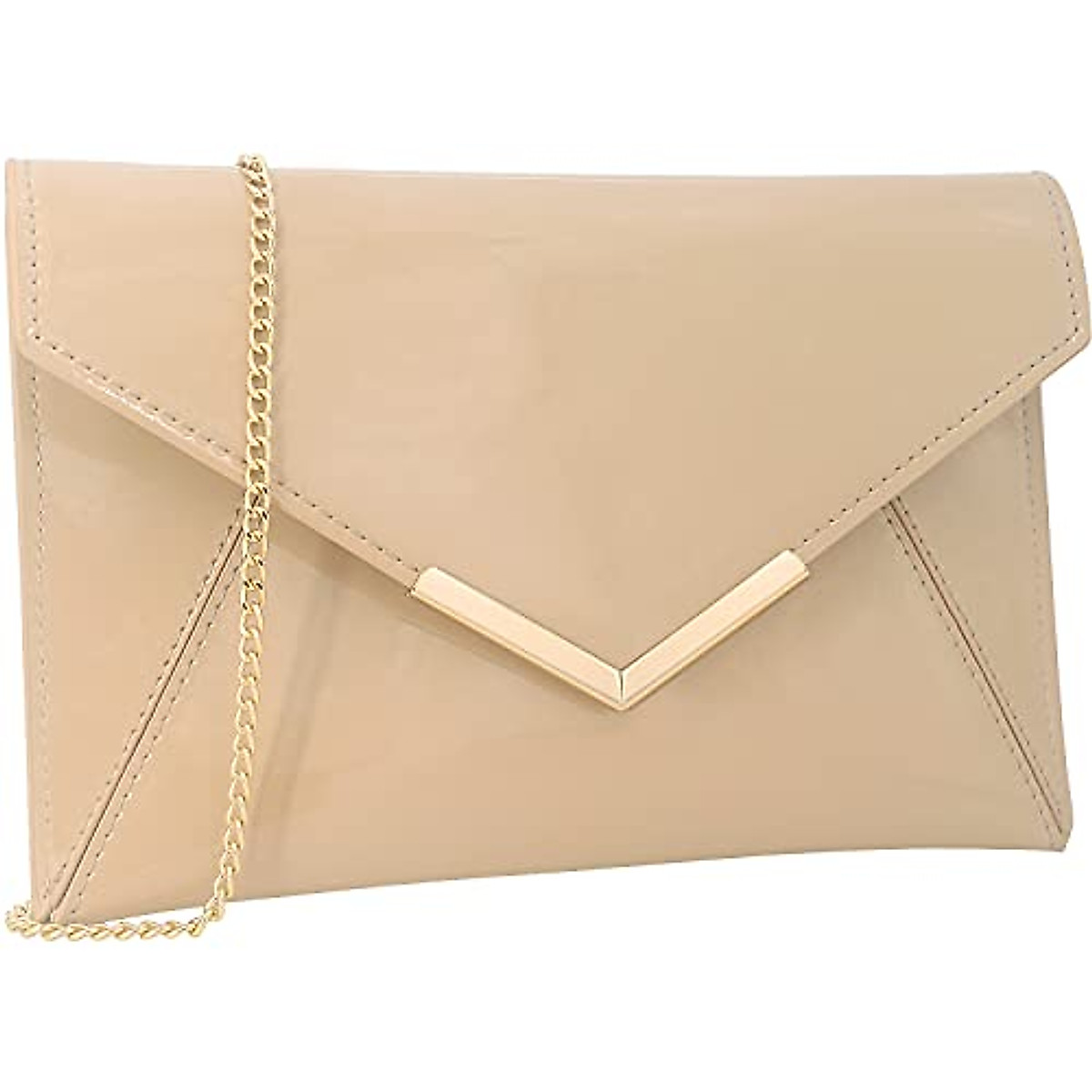Dexmay Women Envelope Clutch Handbag Patent Leather Pouch Foldover Dress Purse Nude