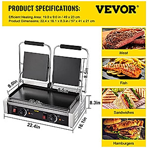 Happybuy Commercial Sandwich Panini Press Grill, 2X1800W Double Flat Plates Electric Stainless Steel Sandwich Maker, Temperature Control 122°F-572°F for Hamburgers Steaks Bacons