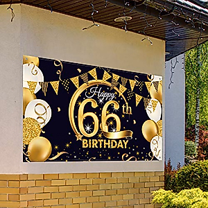 66th Birthday Party Decoration, Extra Large Fabric Black Gold Sign Poster for 66th Anniversary Photo Booth Backdrop Background Banner, 66th Birthday Party Supplies, 72.8 x 43.3 Inch