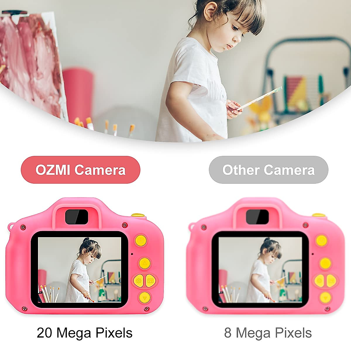 OZMI Kids Camera Toys for 3-9 Year Old Girls, Kids Selfie Camera Compact for Child Little Hands, Smooth Shape Toddler Camera, Best Christmas Birthday Gift for 4 5 6 7 8 9 Year Old Girls with 32GB Card