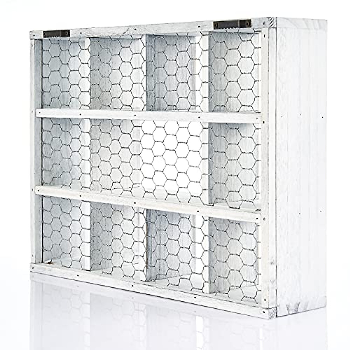 Crystal Holder Display Shelf - Rustic Wall Mounted Shelf for Farmhouse Décor with Chicken Wire for Spices, Rocks, Countertop Organizer, Shadow Box (Rustic White)