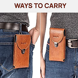 Hengwin Genuine Leather Vertical Cell Phone Holster Samsung Galaxy A72 A52 A12 A32 S21+ S22 Ultra Note 20 Ultra Moto One 5G LG Stylo 6 OnePlus Nord N10 Belt Case Pouch with Belt Clip Loop Holder Brown