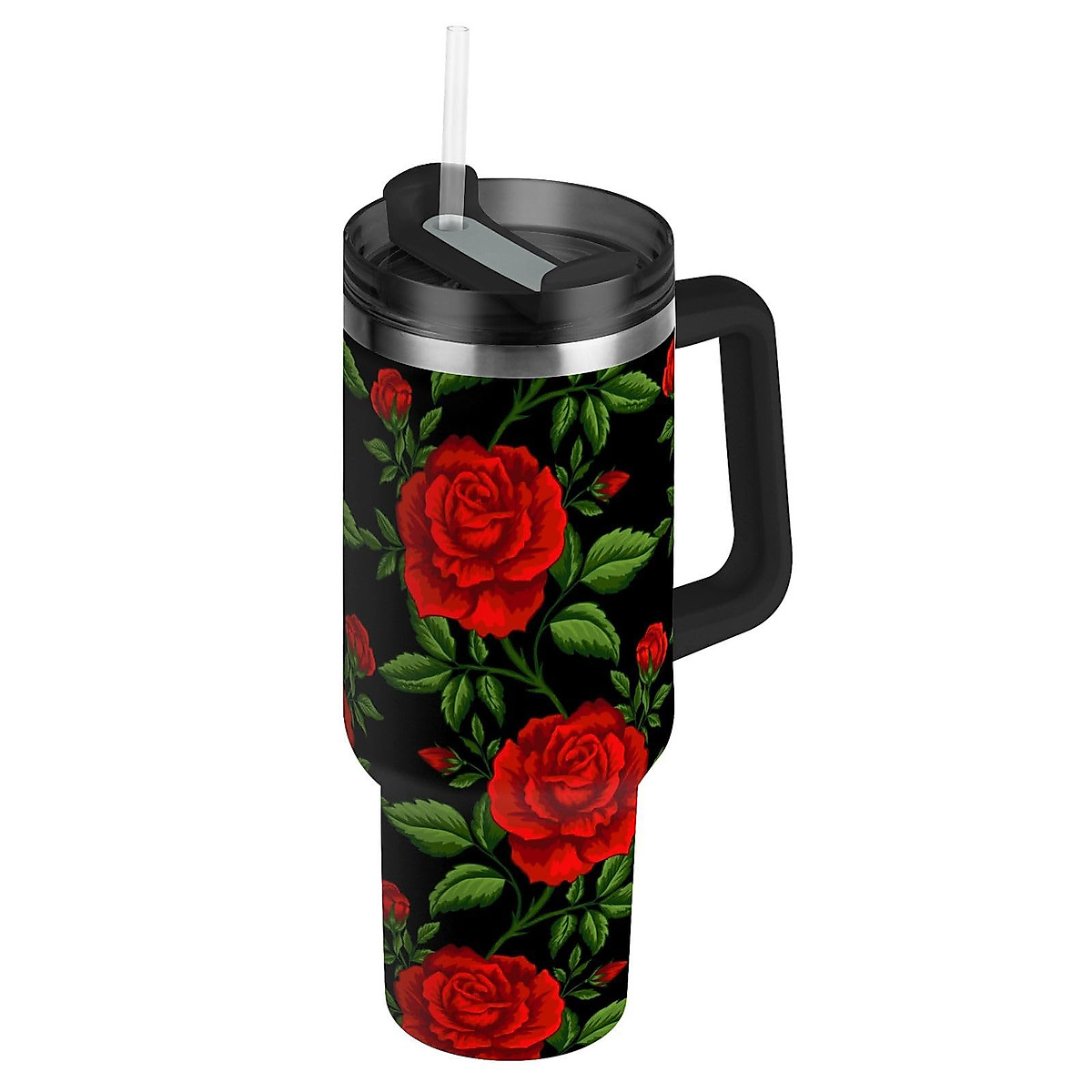 Yasala Car Tumbler with Handle Rose Leaves Travel Mug Coffee Cup Insulated Beverage Container Mega Cup for Hot Cold Drinking Thermos Water Bottle Cupholder Friendly 40 oz