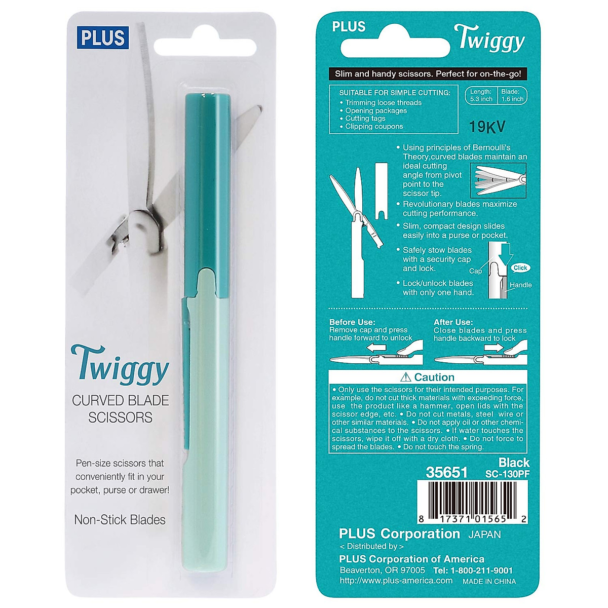 Plus Pen Style Non Stick Compact TSA Twiggy Scissors with Cover Turquoise