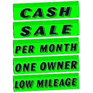 Versa Tags Windshield Slogan Stickers 12 Pack Each of Cash, Sale, PER Month, ONE Owner, Low Mileage (60) Window Stickers Total Dealership Stickers Black On Green