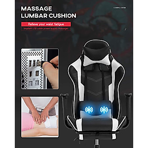 Vnewone Computer Gaming Chair Office PC Ergonomic Home Executive Desk Racing Rolling Swivel Task Adjustable High-Back PU Leather with Lumbar Support Footrest Headrest Armrest Massager, White