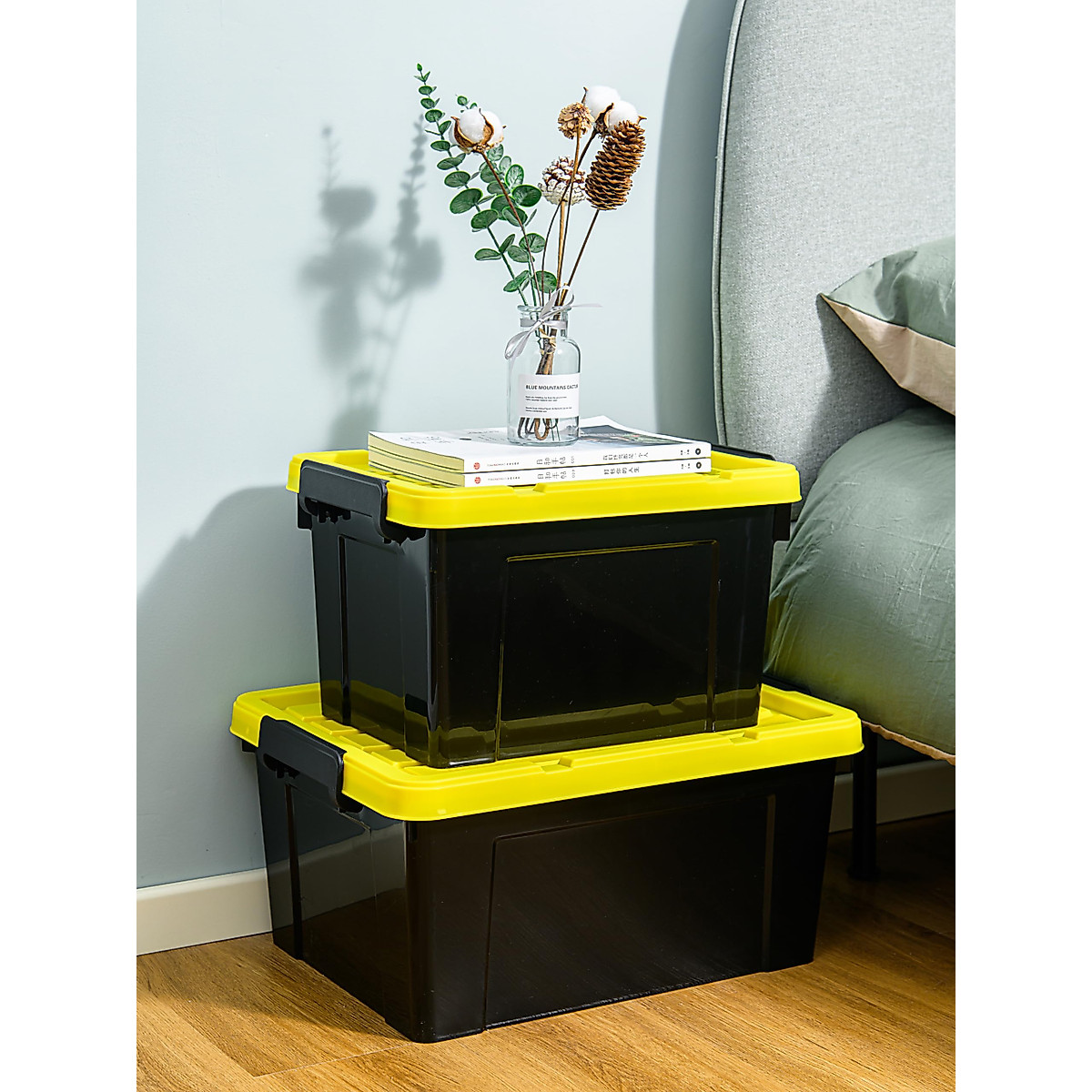 Cetomo Plastic Storage Bin Box Container Stackable with Lid and Secure Latching Buckles, Black, 40Qt x 4, Pack of 4