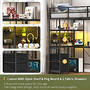 Yoobure Loft Bed Twin Size with Desk, Metal Twin Loft Bed Frame with Charging Station & Safety Guard, LED Loft Beds with 2 Storage Drawers for Kid Junior Adult, Heavy Duty, Space-Saving, Noise Free