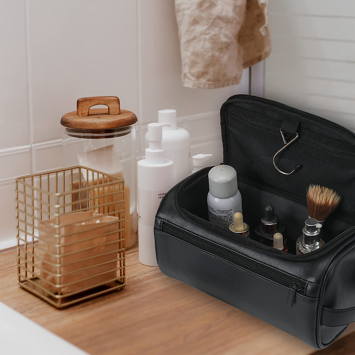 Personalized Leather Toiletry Bag For Men with Hook, Groomsmen Gifts Travel Bag Laser Engraved Name Monogram Leather Gift Anniversary Gift For Him Husband Father Leather Dopp Kit with Side Handle