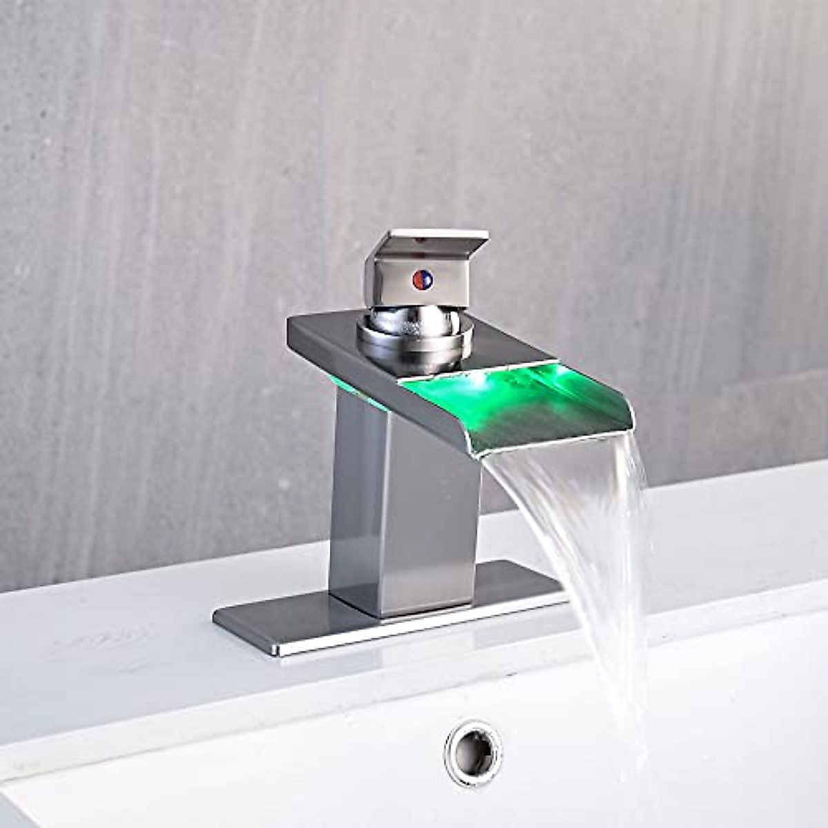AVSIILE LED Bathroom Sink Faucet, Brushed Nickel Waterfall Single Hole Handle RV Bath Vanity Faucets for Sinks 1 Hole with Metal Pop Up Drain and 2 Water Supply Lines, Stainless Steel Spout