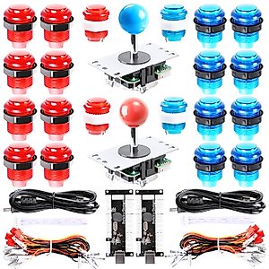 Easyget LED Arcade DIY Parts 2x Zero Delay USB Encoder + 2x 8 Way Joystick + 20x LED Illuminated Push Buttons for Mame Jamma Arcade Project Red + Blue Kits