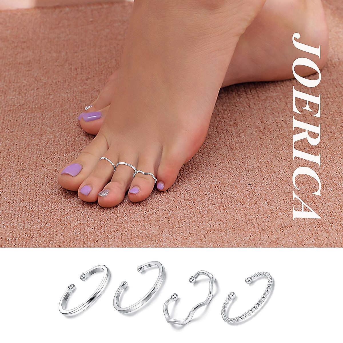 JOERICA 4 PCS Toe Rings 925 Sterling Silver Gold Plated Open Toe Rings for Women Adjustable Simple Thin Band Minimalist Beach Toe Rings Set Foot Jewelry