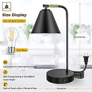 Bedside Desk Lamps for Bedroom - Grey Smoked Glass Shade Table Lamp with USB C Port, Fully Dimmable Small Lamps with USB Port and Outlet, Reading Nightstand Lamps for Office Living Room